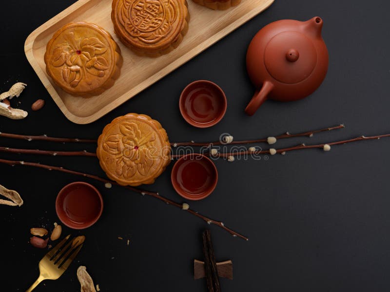 Top View of Table Setting with Traditional Moon Cakes, Tea Set ...