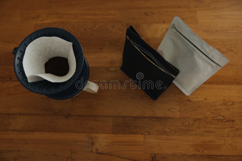 Top View on Table Stands Equipment for Drip Coffee and Packaging with ...