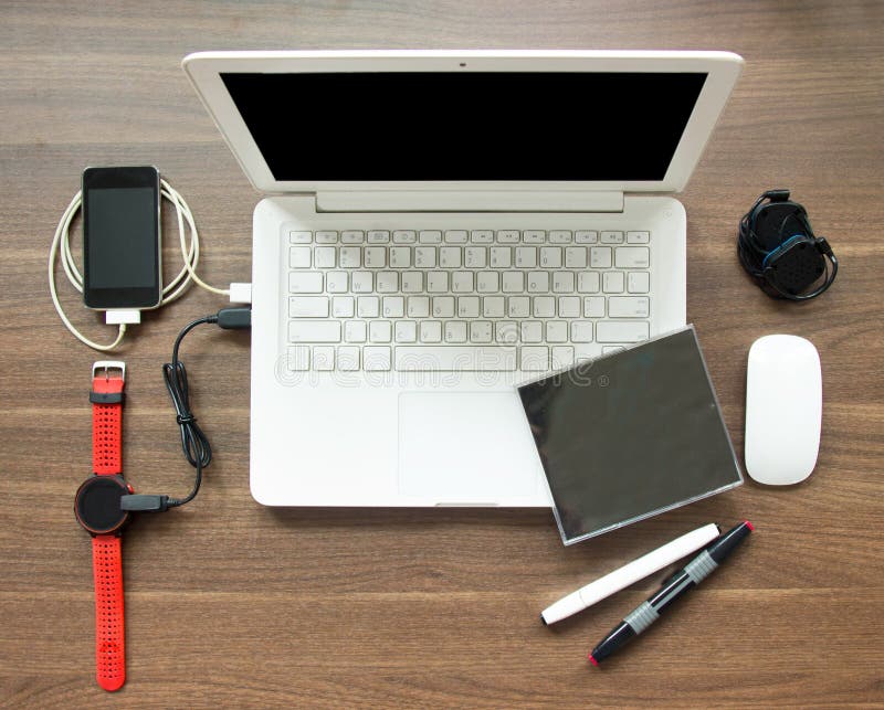 Top View Table Workspace with Laptop and Smart Watch Stock Photo ...
