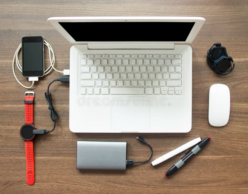 Top View Table Workspace with Laptop and Smart Watch Stock Image ...