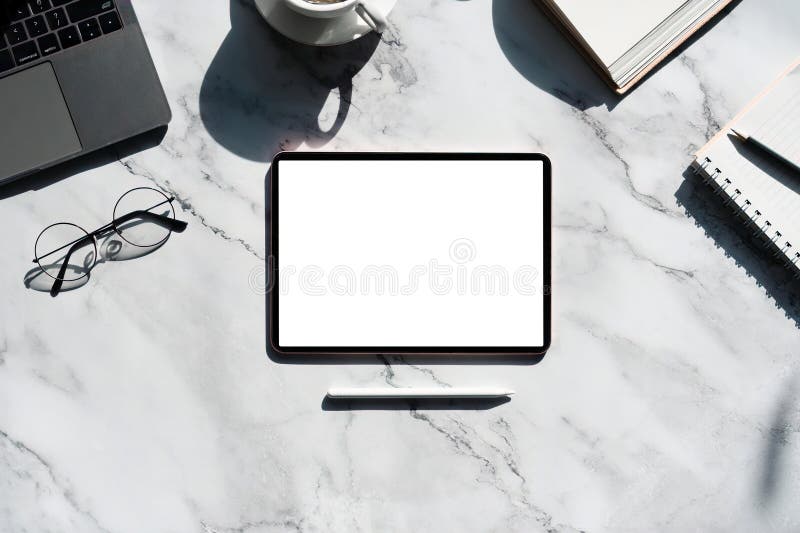 Top View Tablet with Blank Screen Mock Up Digital Tablet on Workspace ...