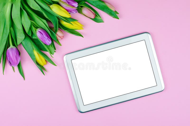 Top View of Tablet and Flowers Stock Image - Image of accessories ...