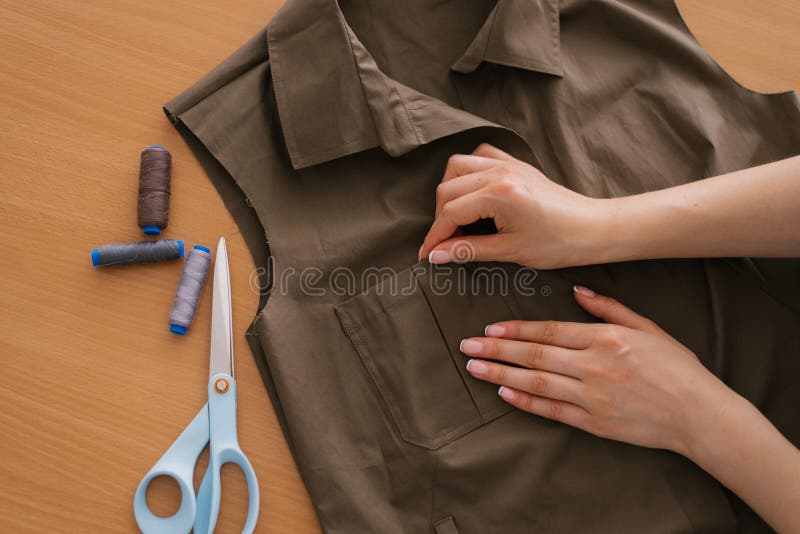 Top View of Tailors Workplace. Tailors Hands Preparing for Sewing Shirt ...