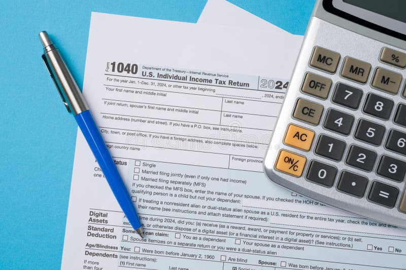 Top View of Tax Forms, Calculator and Pen on Blue Table Editorial Stock ...