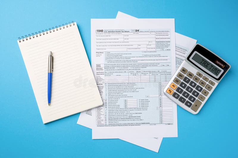 Top View of Tax Forms, Calculator and Pen on Blue Table Editorial Stock ...