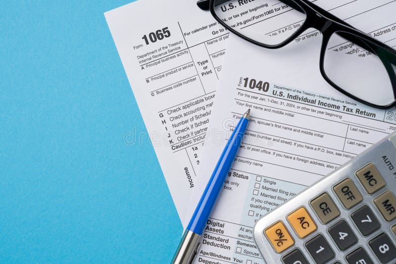 Top View of Tax Forms, Calculator and Pen on Blue Table Editorial Photo ...