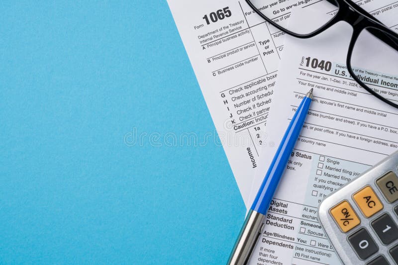 Top View of Tax Forms, Calculator and Pen on Blue Table Editorial Stock ...