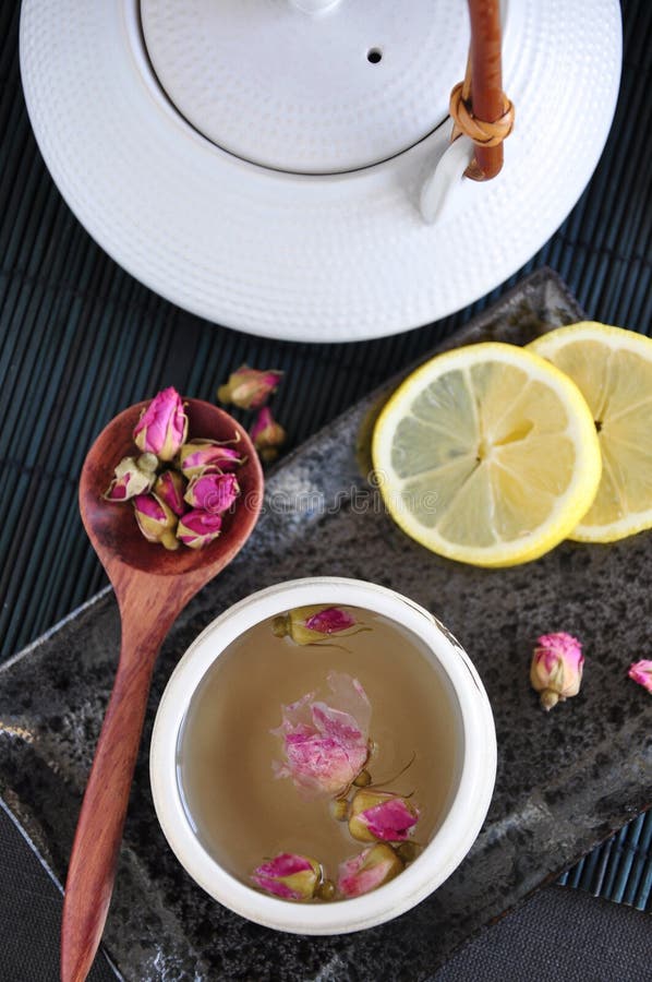 Top View of Tea Pot and Rose Tea Cup Stock Photo - Image of ingredient ...