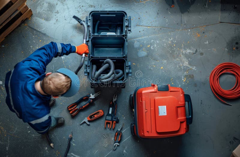 Technician Preparing Industrial Vacuum Cleaner with Various Tools in ...