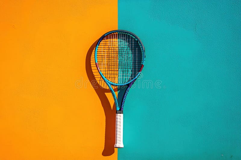 Top View Tennis Racket on Bright Blue Orange Background with Sunlight ...