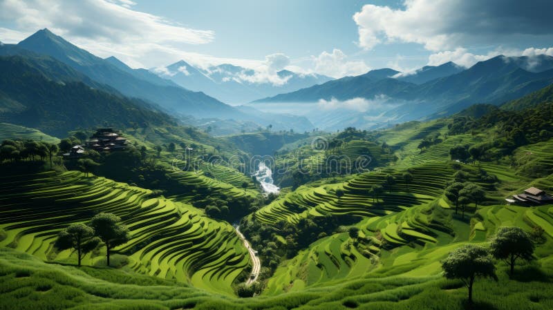 Top View of Terraced Rice Fields. Generative AI. Stock Illustration ...