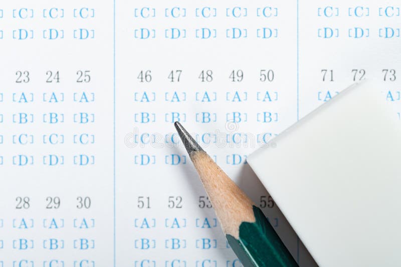 Test Score Sheet and Pencil and Eraser Close Up Horizontal Composition ...