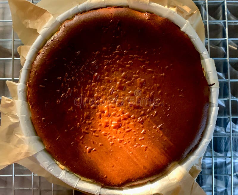 Top View of Texture Basque Burnt Cheesecake on a Tray with Baking Paper ...