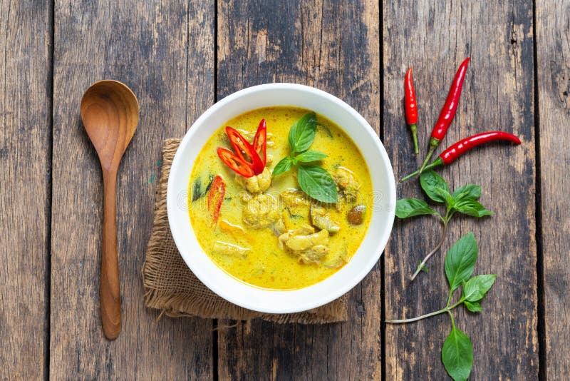 Top View Thai Food, Green Curry Chicken Stock Photo - Image of basil ...