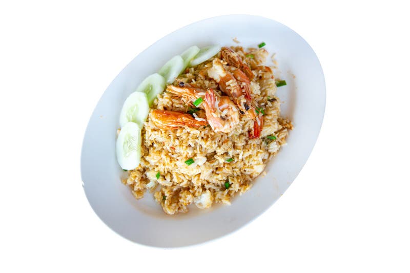 Top View of Thai Shrimp Fried Rice on White Oval Plate, Focus Selective ...
