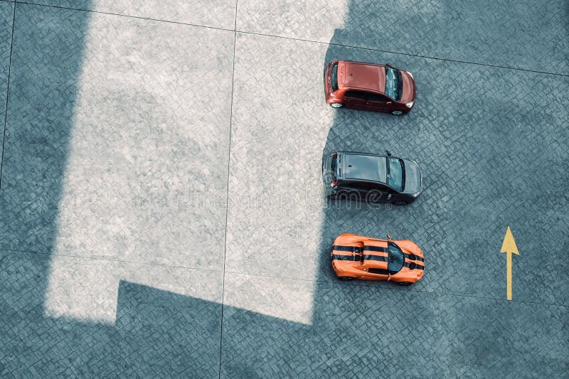 Top View of Three Cars Parked in a Driving Area Stock Image - Image of ...