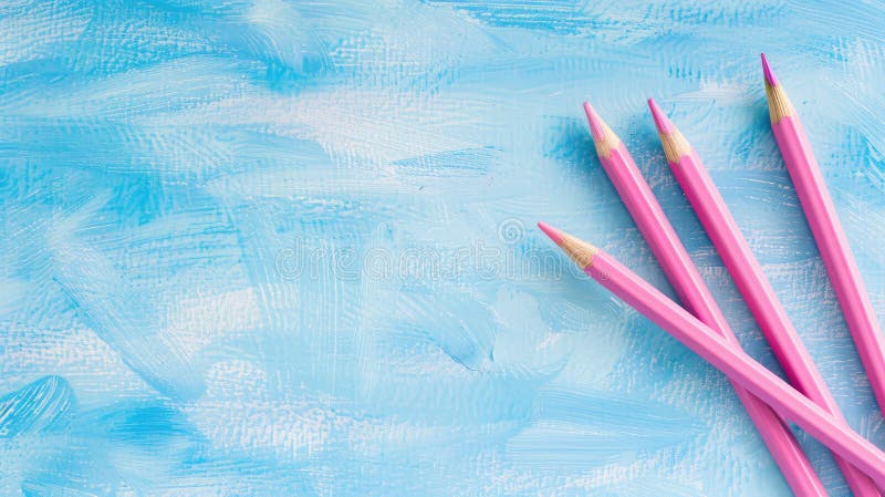 Top View of Three Pink Pencils on Light Blue Background with Copy Space ...