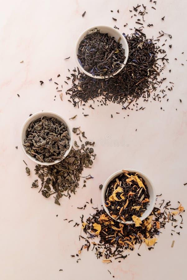 Various Dry Tea Leaves in Small Cups Top View Flat Lay Stock Image ...