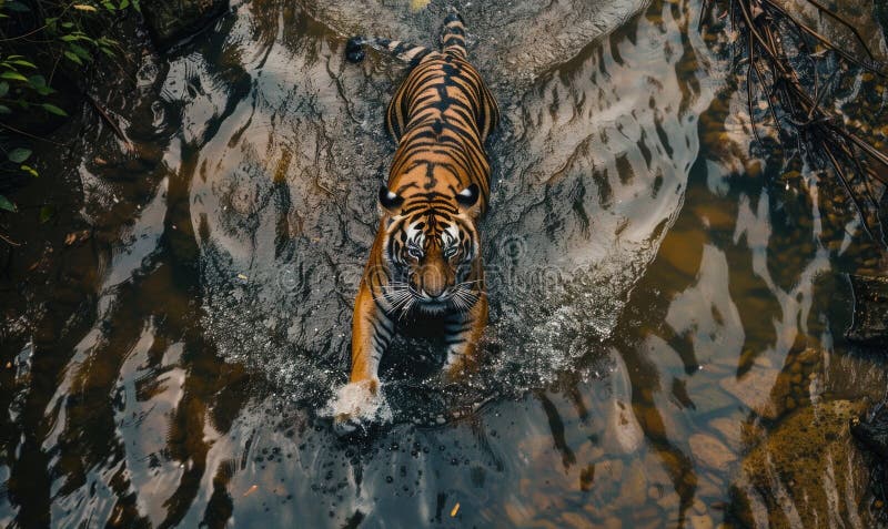 Top View of a Tiger Bathing in the River Stock Photo - Image of stripes ...
