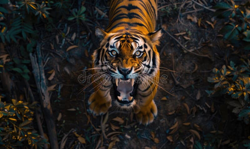 Top View of a Tiger Roaring in the Forest Stock Photo - Image of bengal ...