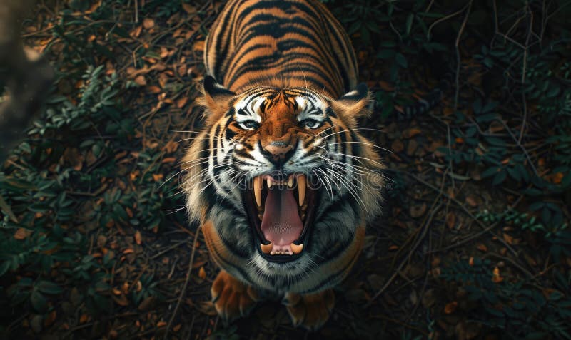 Top View of a Tiger Roaring in the Forest Stock Photo - Image of tiger ...