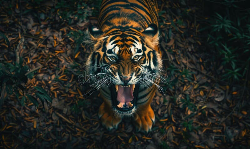 Top View of a Tiger Roaring in the Forest Stock Image - Image of danger ...