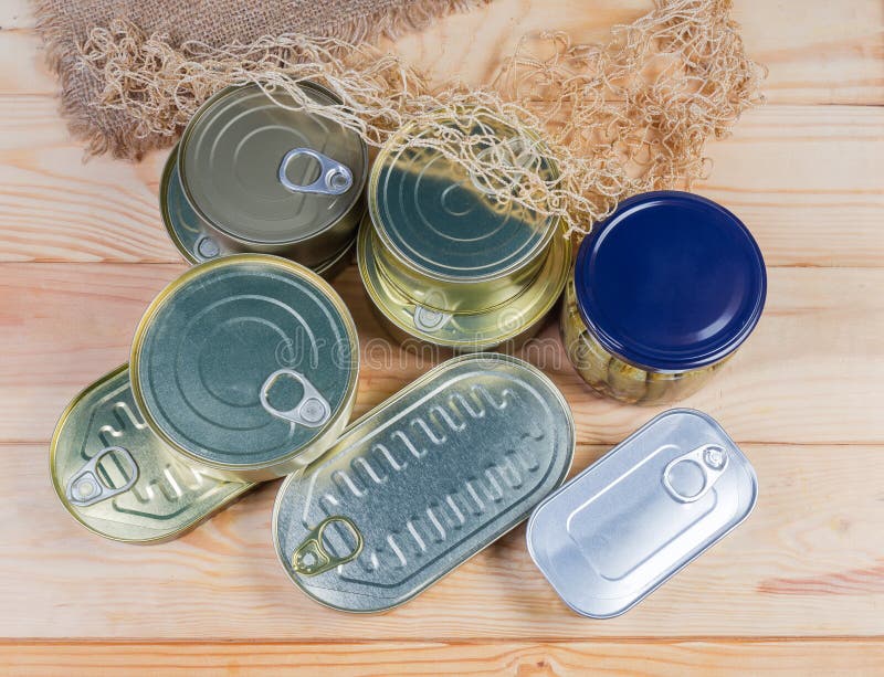 Top View of Tin Cans, Glass Jar of Canned Fish Stock Photo - Image of ...