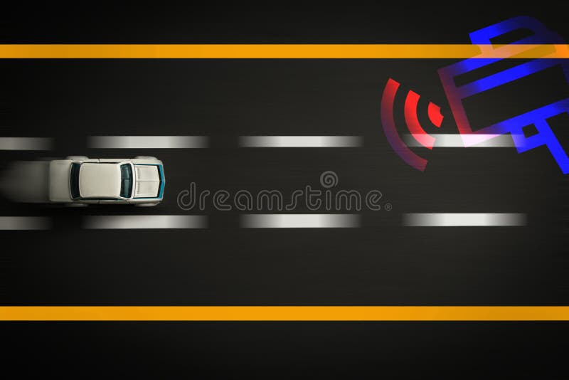 Top View of Tiny Model Car Speeding on Black Highway and Radar Symbol ...