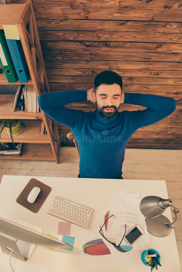 Top View of Tired Young Man Having Break and Sleeping Stock Image ...