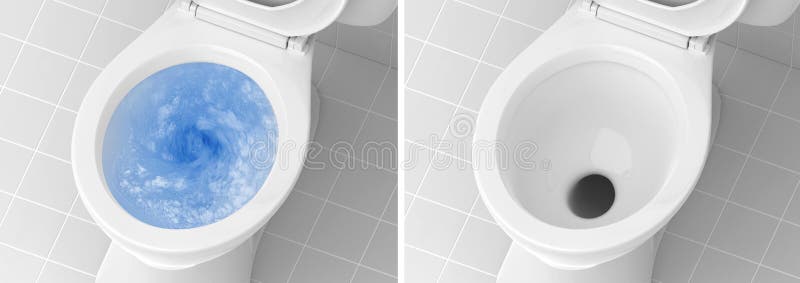 Top View of Toilet Bowl, Blue Detergent Flushing in it and Toilet Bowl ...