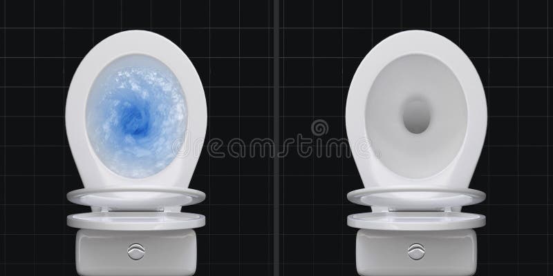 Top View of Toilet Bowl, Blue Detergent Flushing in it and Toilet Bowl ...