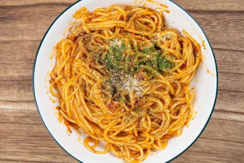 Top View Tomato Bolognese Spaghetti Horizontal Composition Stock Photo ...