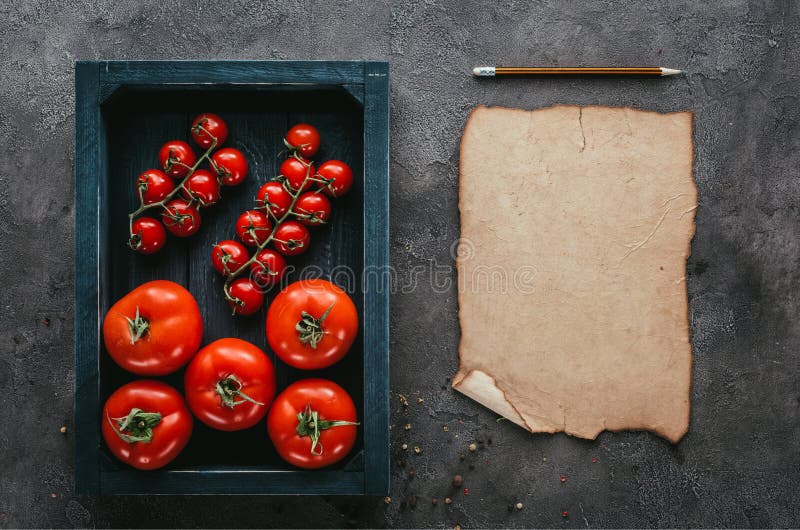 Top View of Tomatoes in Box and Blank Paper Stock Photo - Image of ...