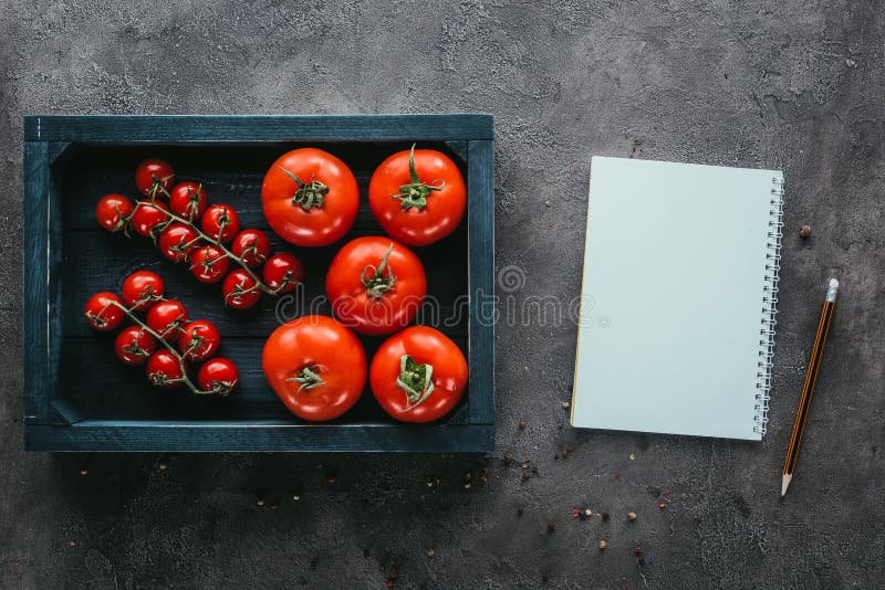 Top View of Tomatoes in Box and Notebook Stock Photo - Image of healthy ...