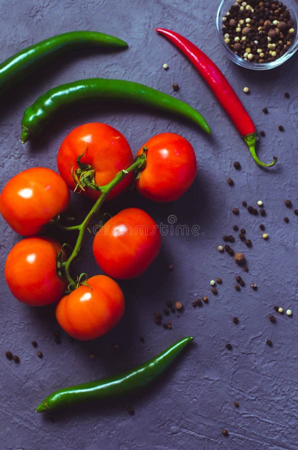 Top View Tomatoes and Red Chilli on a Blue Stone Background Stock Image ...