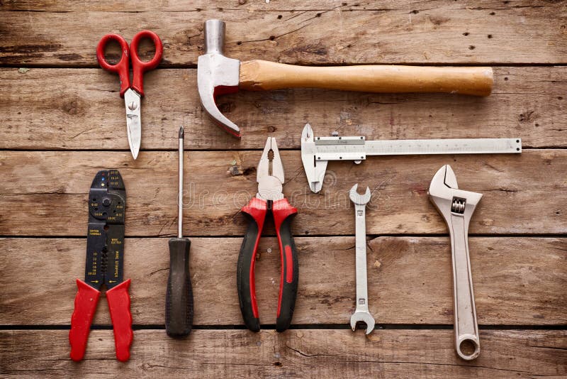 Top View of Tools on a Wooden Surface Stock Image - Image of work ...