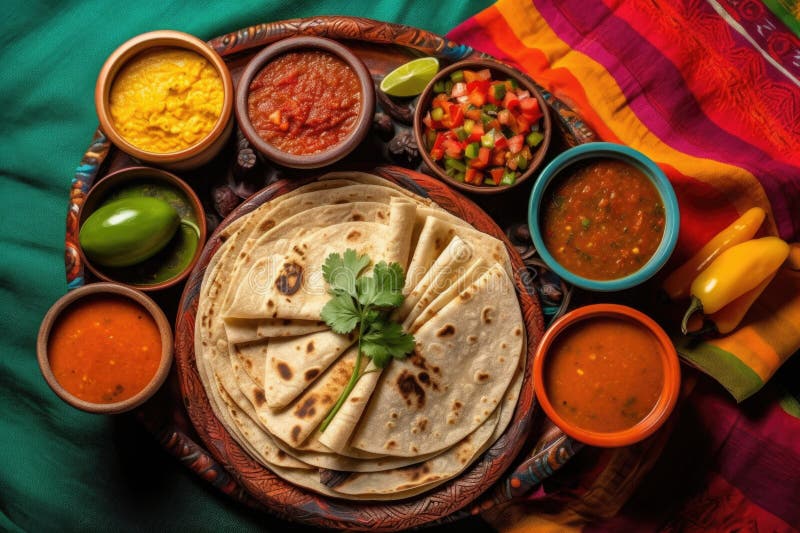 Top View of Tortillas on a Colorful Plate with Salsa Stock Illustration ...