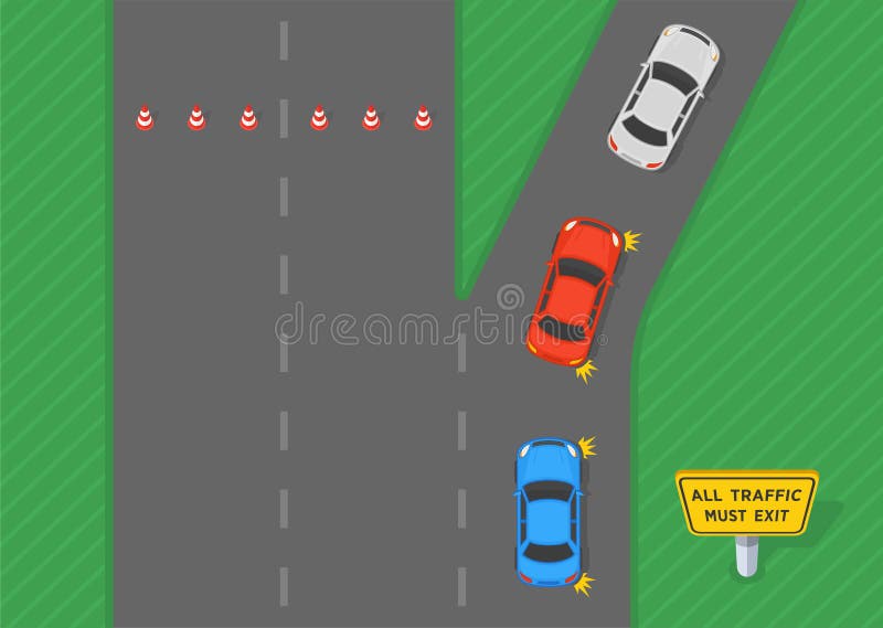 Top View of a Traffic Flow on Expressway. All Traffic Must Exit Sign ...