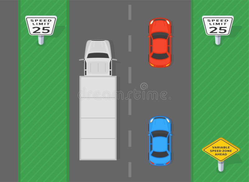 Top View of a Traffic Flow on Highway. "Variable Speed Zone Ahead" Road ...