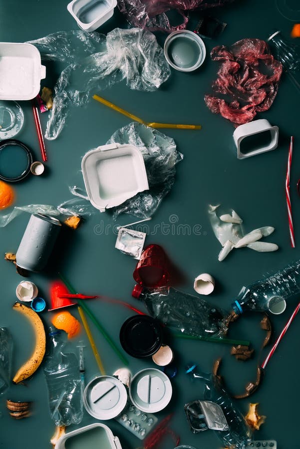 Top View of Trash Bin with Food Waste Isolated on Grey, Recycling ...