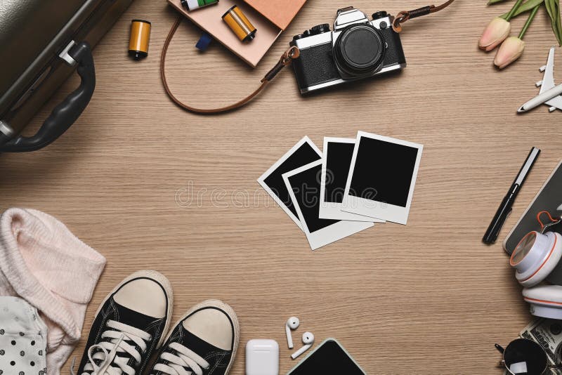 Travel Accessories on White Rug. Vacation Concept Stock Photo - Image ...