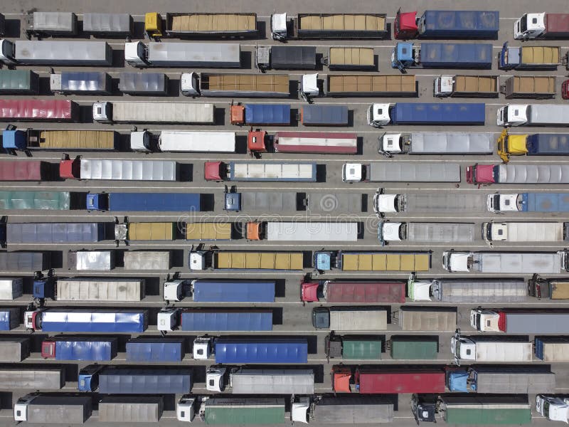 Top View of Trucks Standing in Line for Unloading at the Port Stock ...
