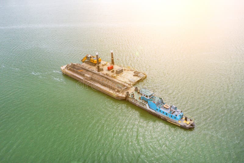 Top View of Tugboat Pushing a Heavy Barge on the River Stock Image ...
