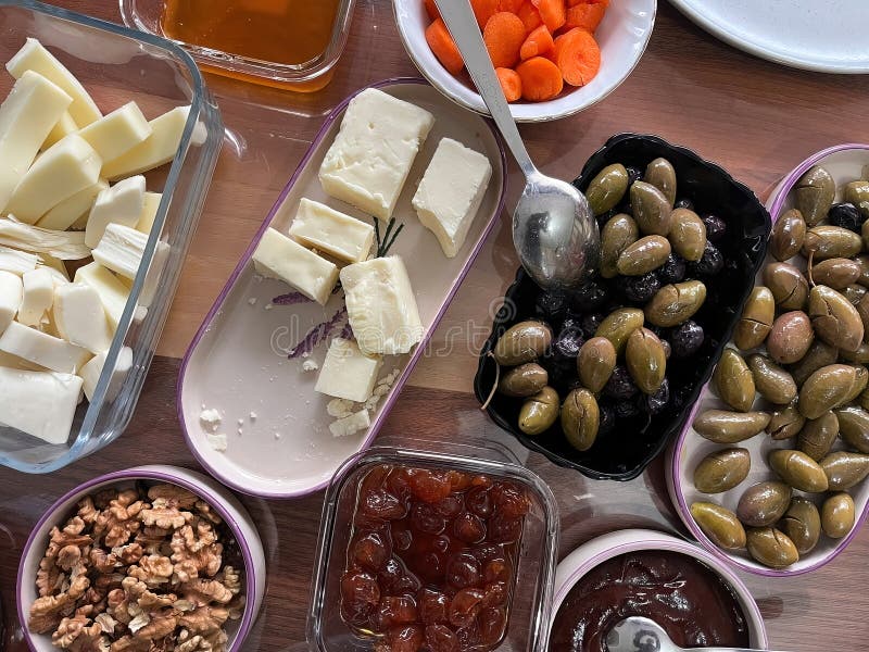Top View Turkish Breakfast Olives Cheese Jam Walnuts Tea Stock Photos ...