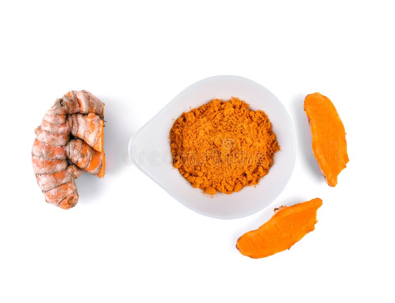 Top View of Turmeric Roots with Turmeric Powder Isolated on White ...
