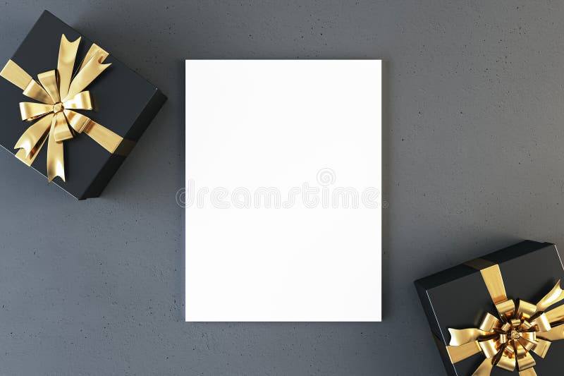 Top View of Two Black Present Boxes and Blank White Mock Up Poster on ...