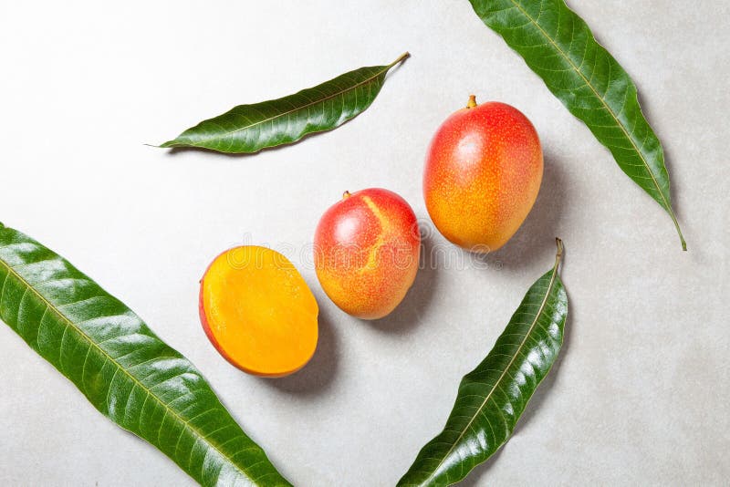 Top View of Two and Half Mangos with Four Green Leaves on a Granite ...