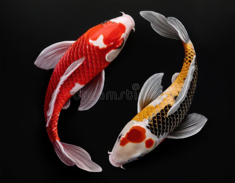 Top View Two Koi Carp Solid Black Background Yin Yang Form Stock Photos ...