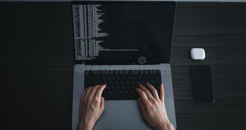 Top View Unrecognizable Female Hands Working At Laptop Computer Typing And Coding On Laptop