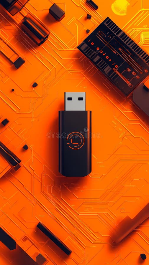 Top View of a USB Flash Drive on an Orange Circuit Board with Digital ...